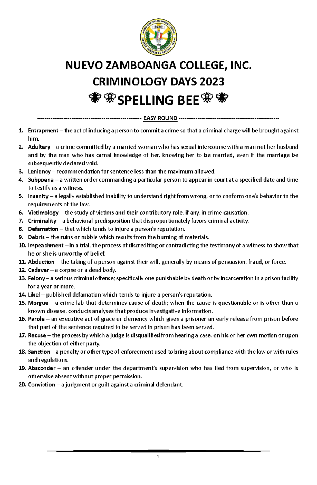 Spelling BEE 091459 - note - CRIMINOLOGY DAYS 2023 SPELLING BEE - EASY ...