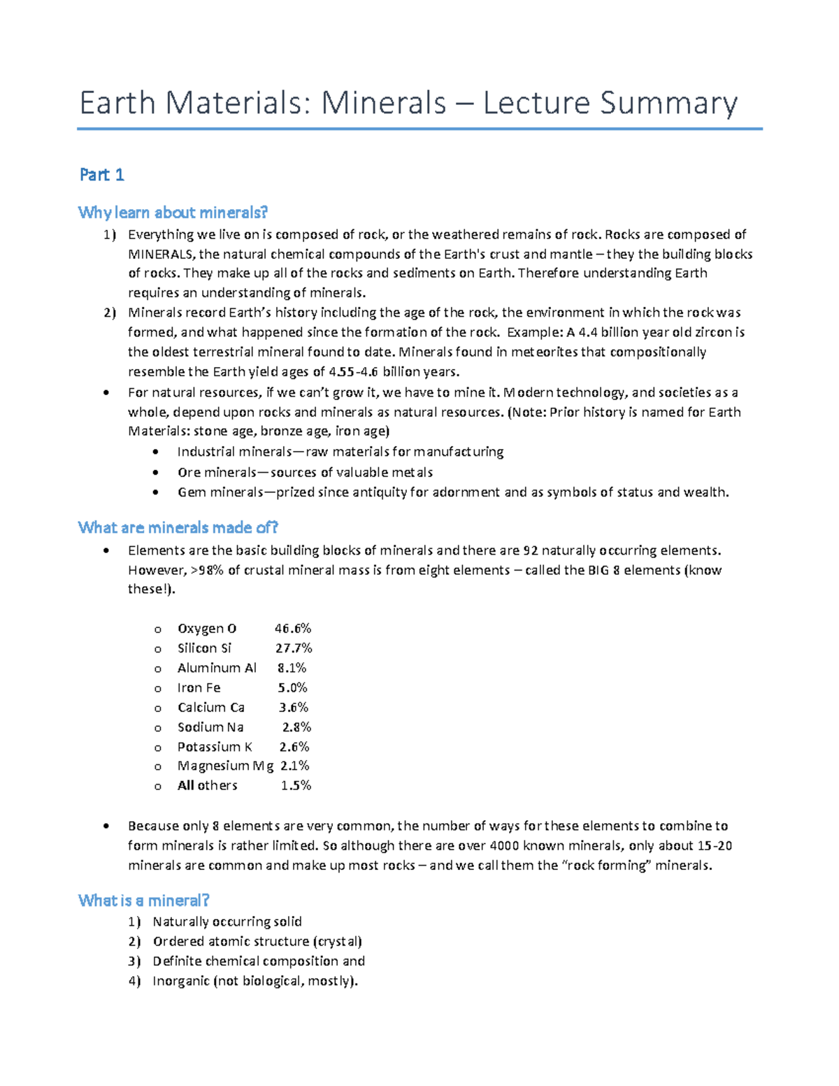 Lecture Summary-Earth Materials-Minerals-GEOL-11040 - Earth Materials ...