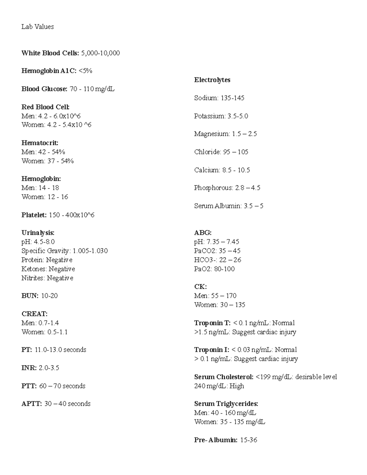 Lab Values - Lab Values White Blood Cells: 5,000-10, Hemoglobin A1C: