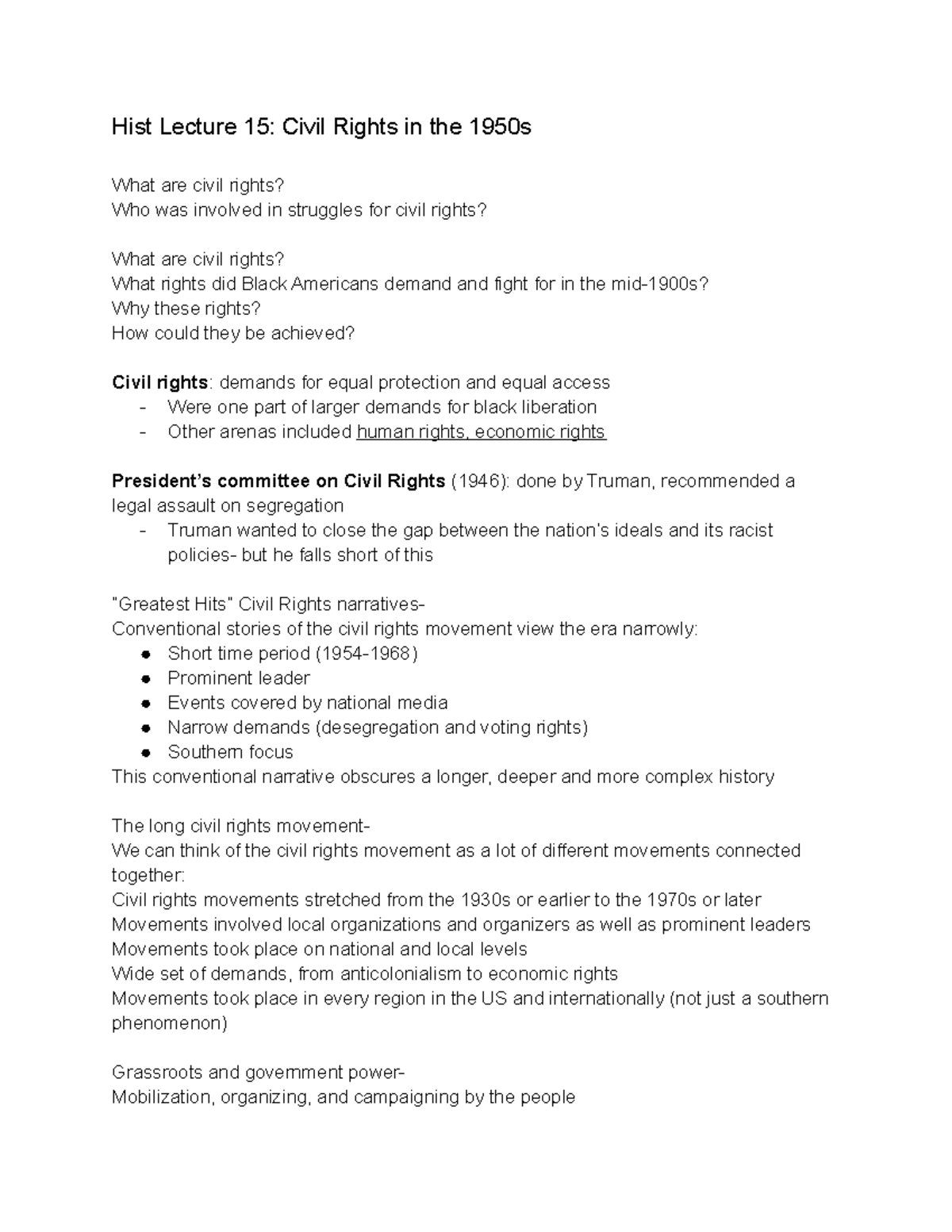 Hist 104 Lecture 15: Civil Rights in the 1950s - Hist Lecture 15: Civil ...