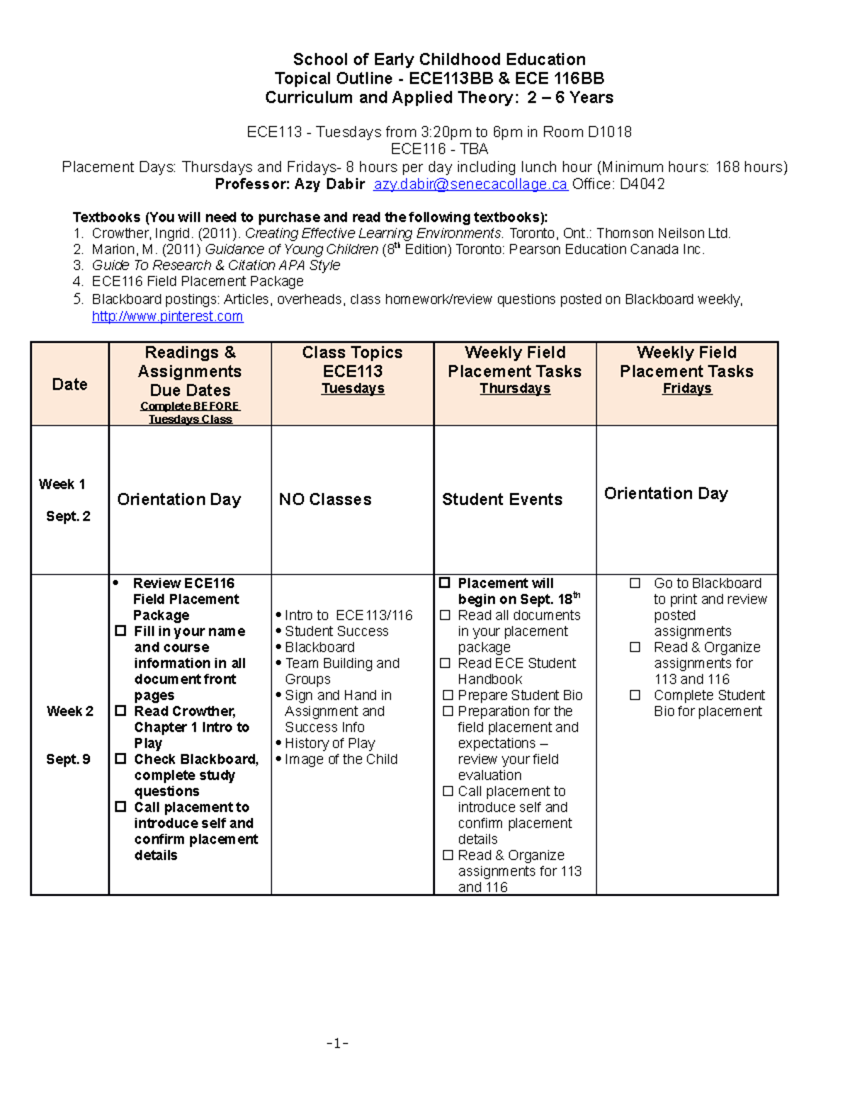 FALL 2014 - note - School of Early Childhood Education Topical Outline ...