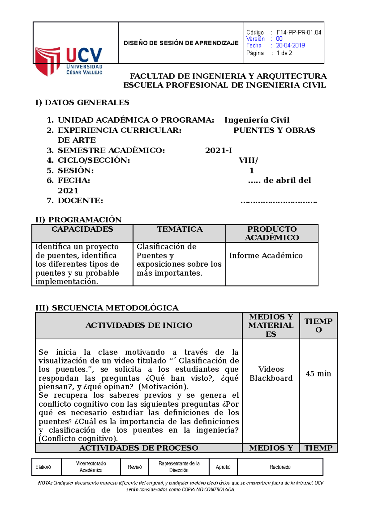 Sesión Aprendizaje 01 - Grade: 7.5 - DISEÑO DE SESIÓN DE APRENDIZAJE Código : F14-PP-PR-01 ...