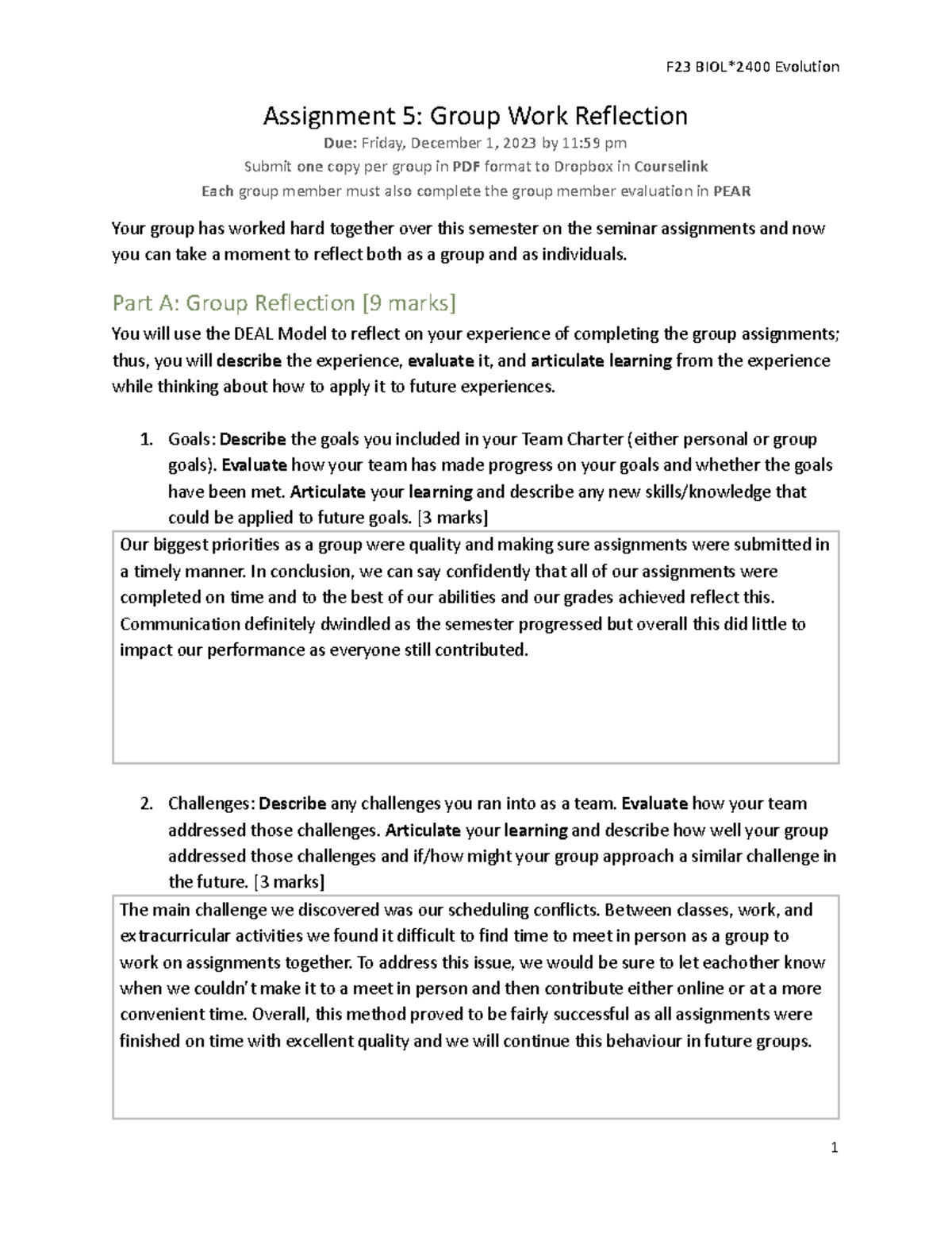 Assignment 5 Group Work Reflection - F23 BIOL*2400 Evolution Assignment ...