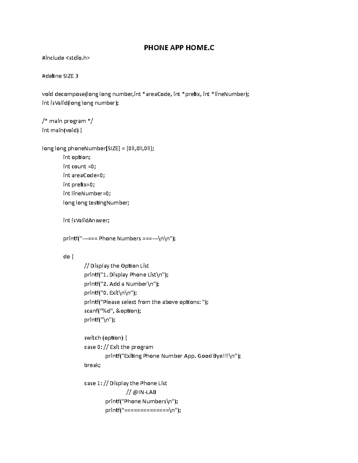 Phone app home.c - PHONE APP HOME #include #define SIZE 3 void ...
