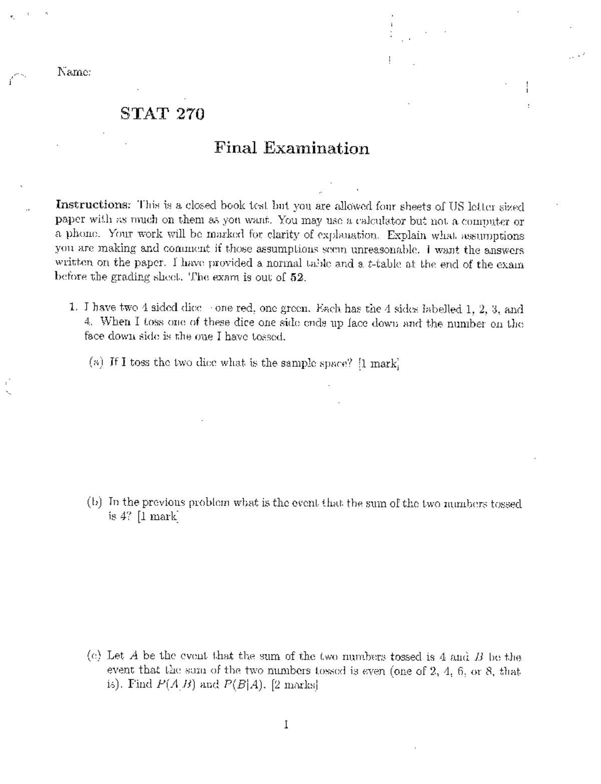 STAT 270- final 1 - n/a - STAT 270 - Studocu