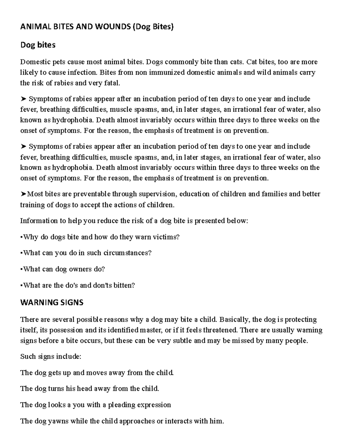 Reviewer NSTP - ANIMAL BITES AND WOUNDS (Dog Bites) Dog bites Domestic ...