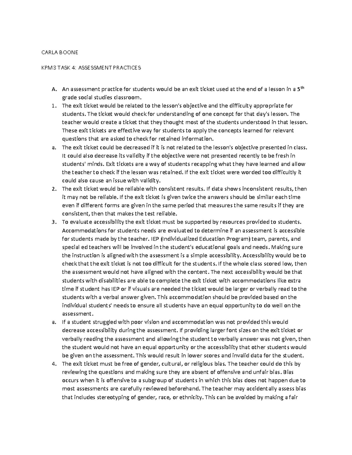 KPM3 Task 4 - ............. - CARLA BOONE KPM3 TASK 4: ASSESSMENT ...