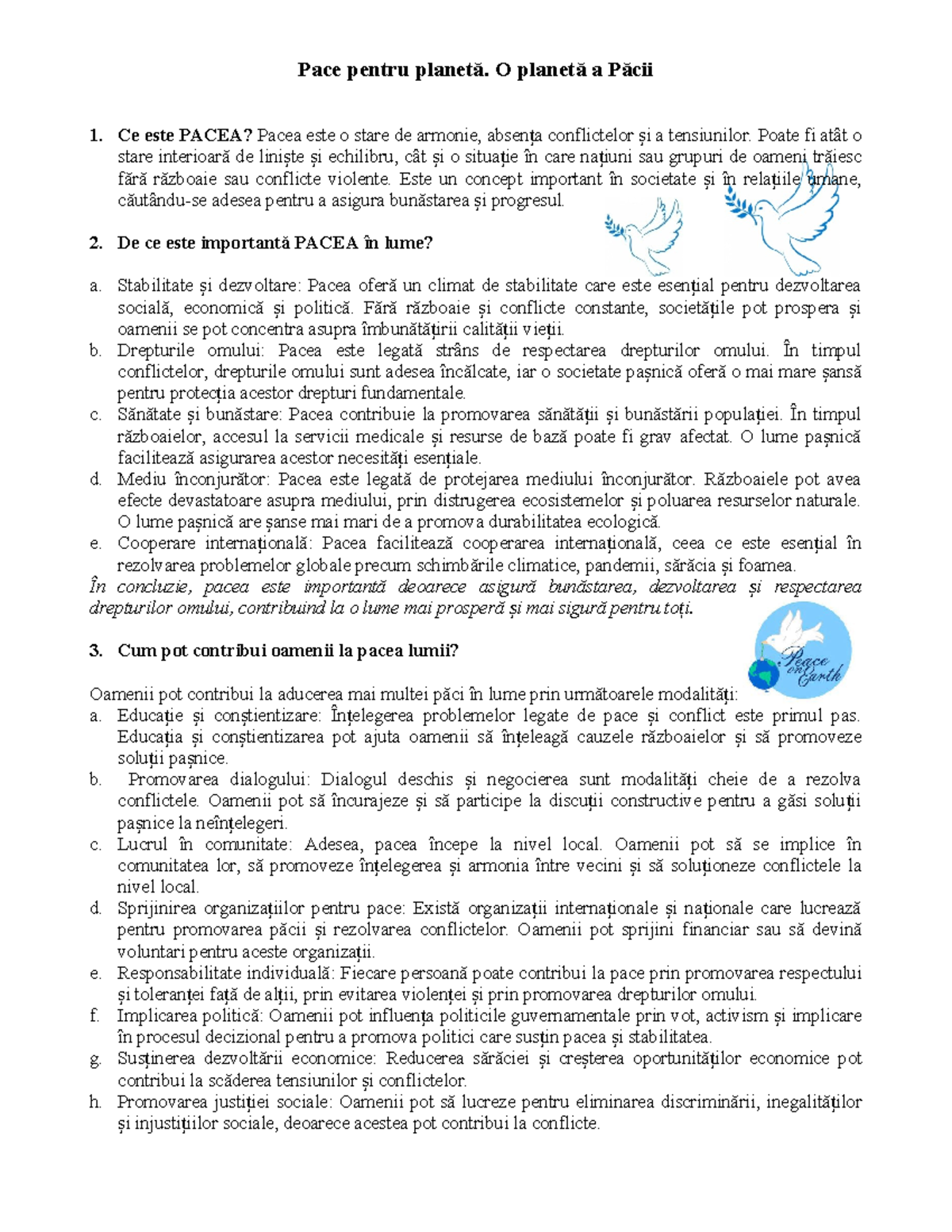 Material informativ Pacea - Pace pentru planetă. O planetă a Păcii Ce ...