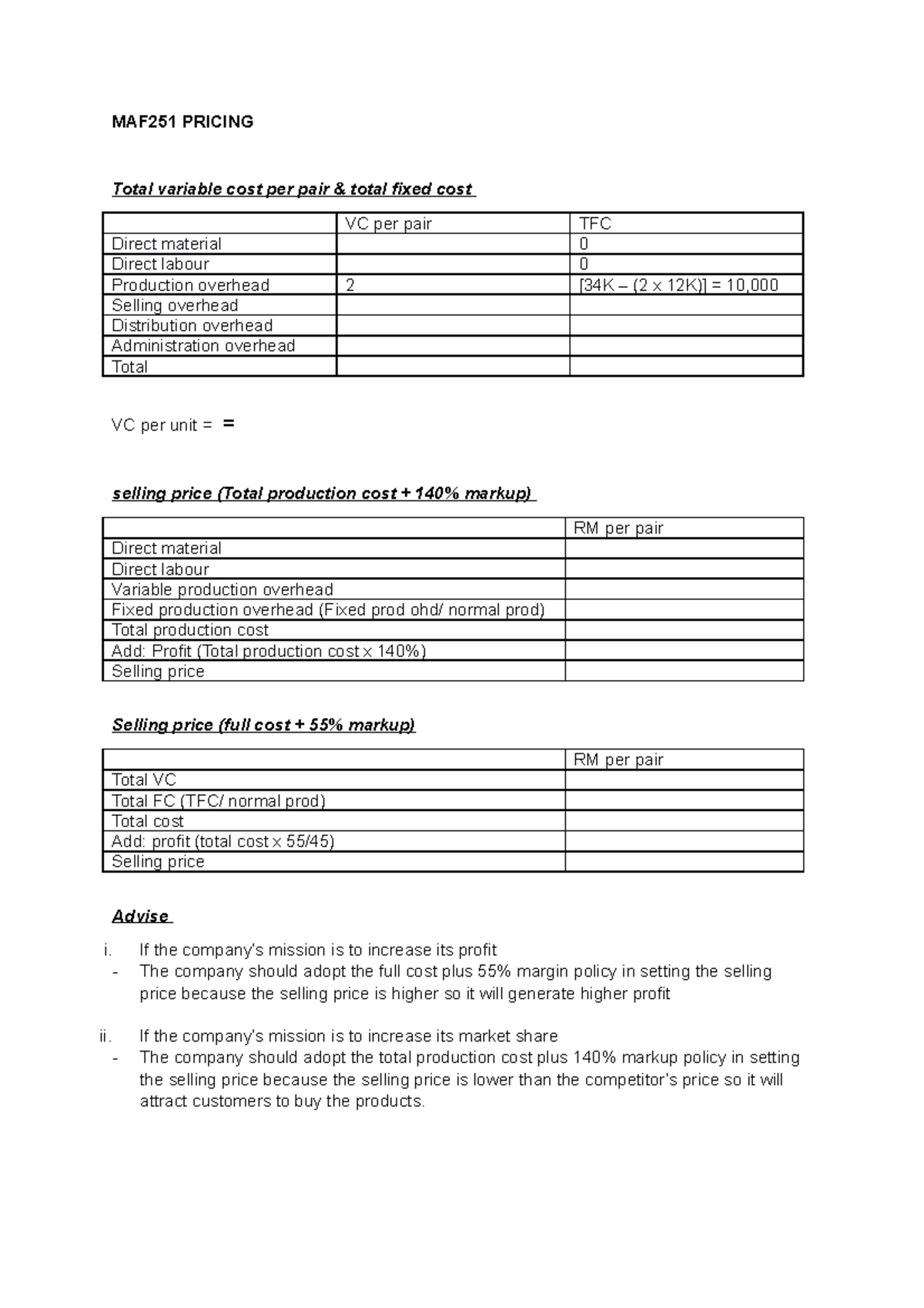 MAF251 Pricing - MAF251 PRICING Total variable cost per pair & total ...