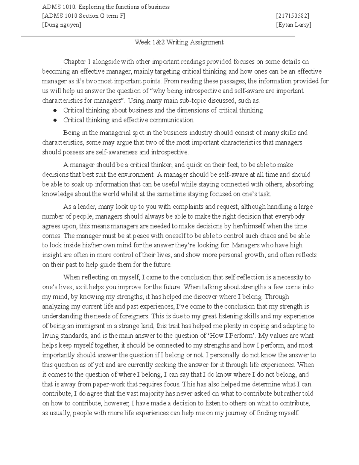 Week 1 & 2 assigment. - Google Docs - ADMS 1010. Exploring the functions of business [ADMS 1010 ...