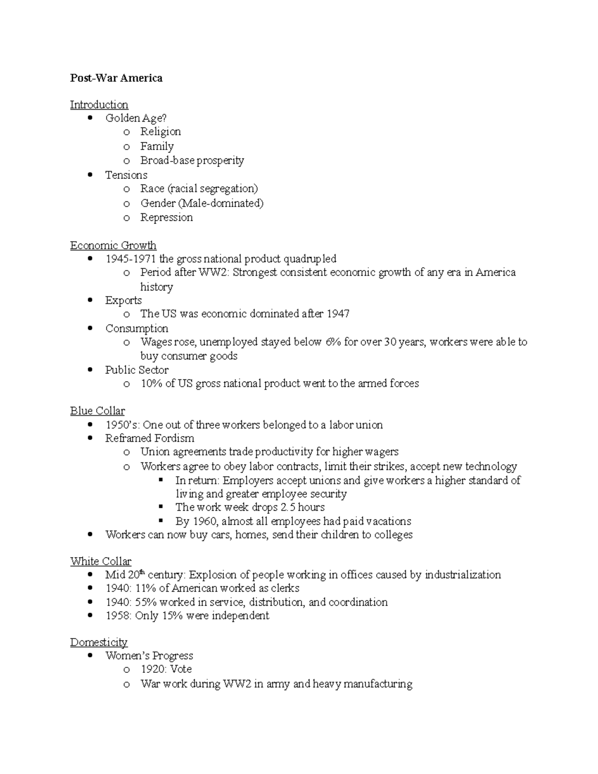 HST 102 Post-War America Notes - Post-War America Introduction Golden ...
