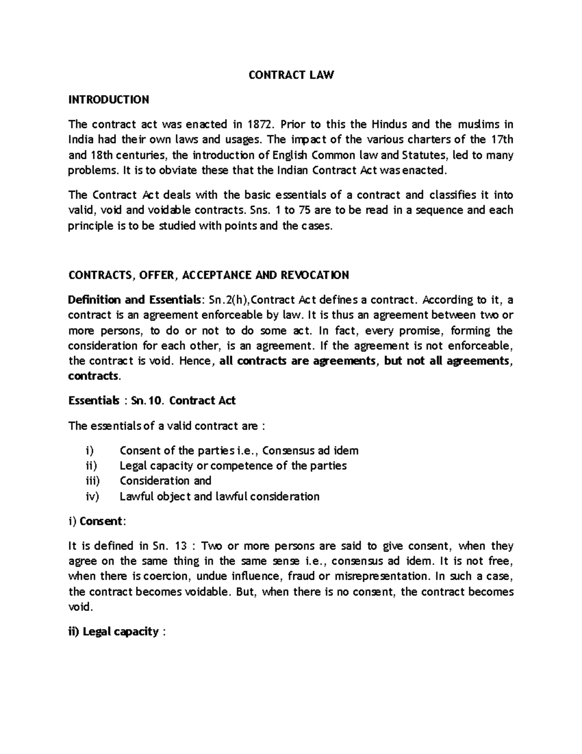 Contract 1 - Study Notes - CONTRACT LAW INTRODUCTION The contract act ...