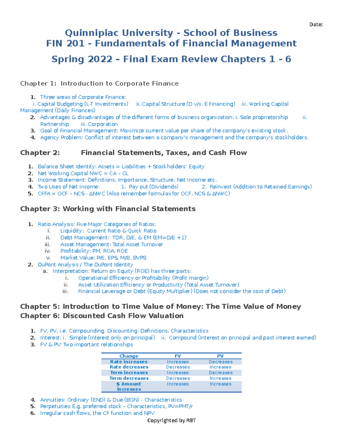 FIN 201 Final Exam Review Chapter 1-6 - Date: Quinnipiac University ...