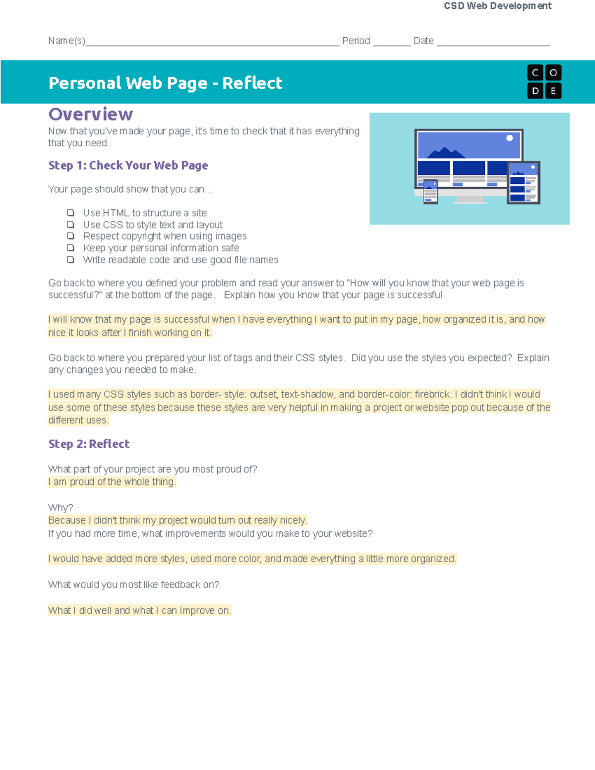 U2L13 Project Guide - Personal Web Page - Reflect (2020) - CSD Web ...