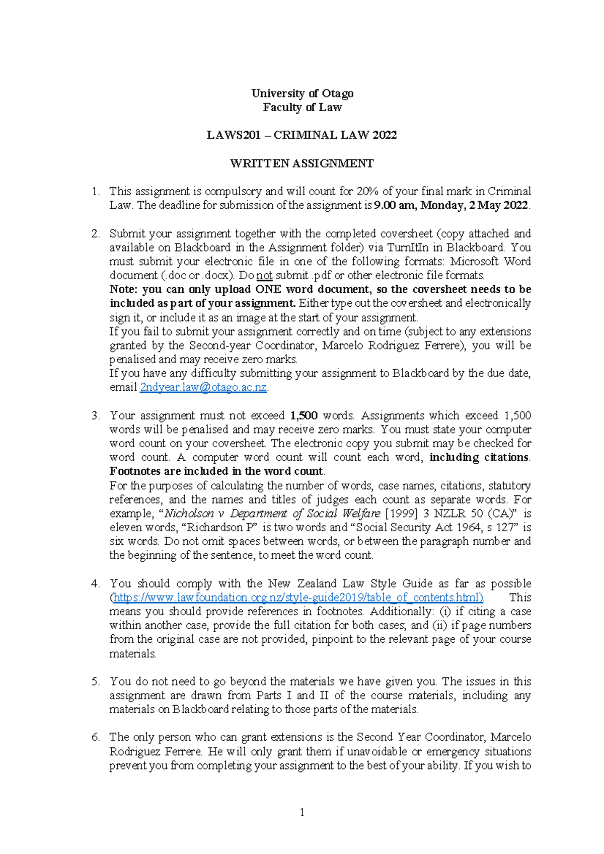 LAWS201 Criminal Law Assignment 2022 - University of Otago Faculty of ...