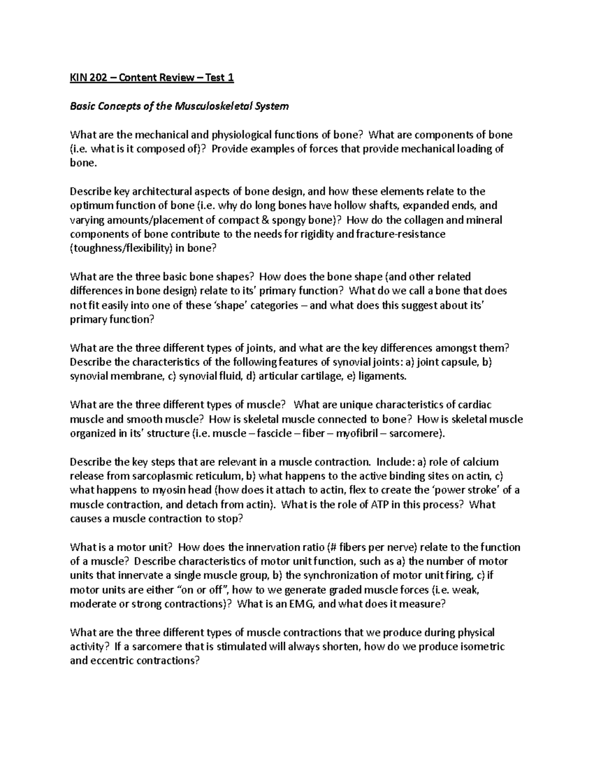 KIN 202 Content Review Test 1 - KIN 202 – Content Review – Test 1 Basic ...