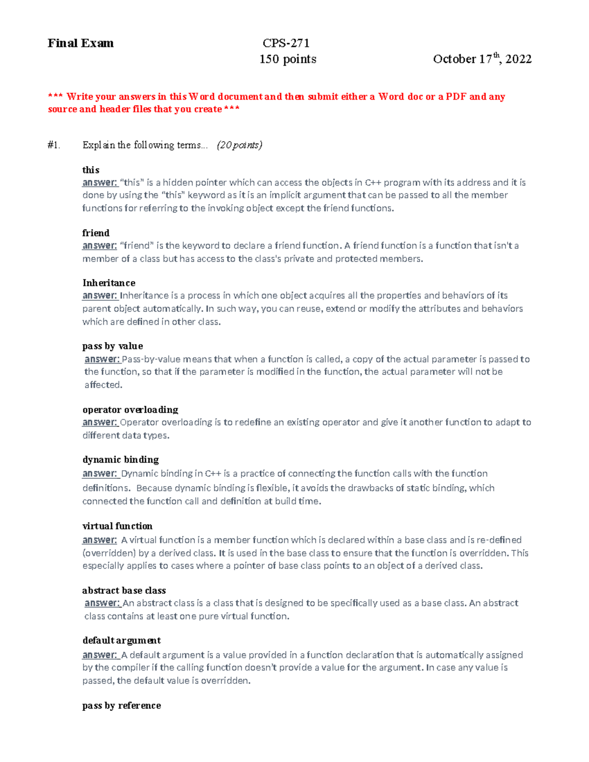 CPS 271 Final-Fall2022 - Final Exam CPS- 150 points October 17th, 2022 ...