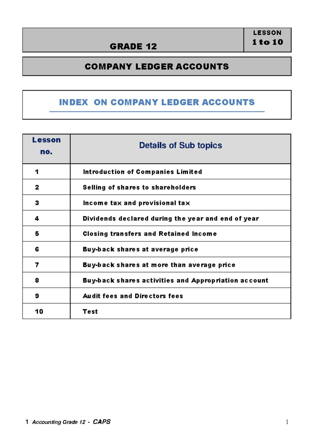 1.2 - notes w1 - comp ledger - 1 Accounting Grade 12 - CAPS 1 GRADE 12 ...
