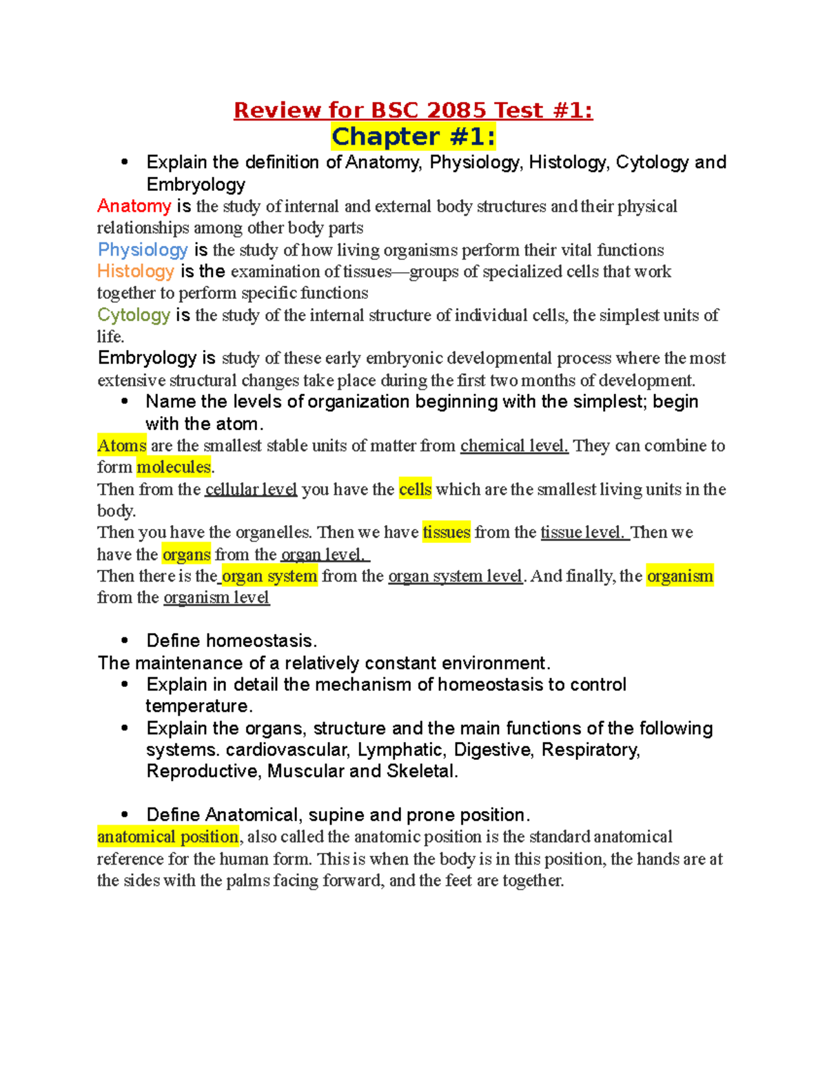 BSC Review test 1 copy copy - Review for BSC 2085 Test #1: Chapter #1 ...