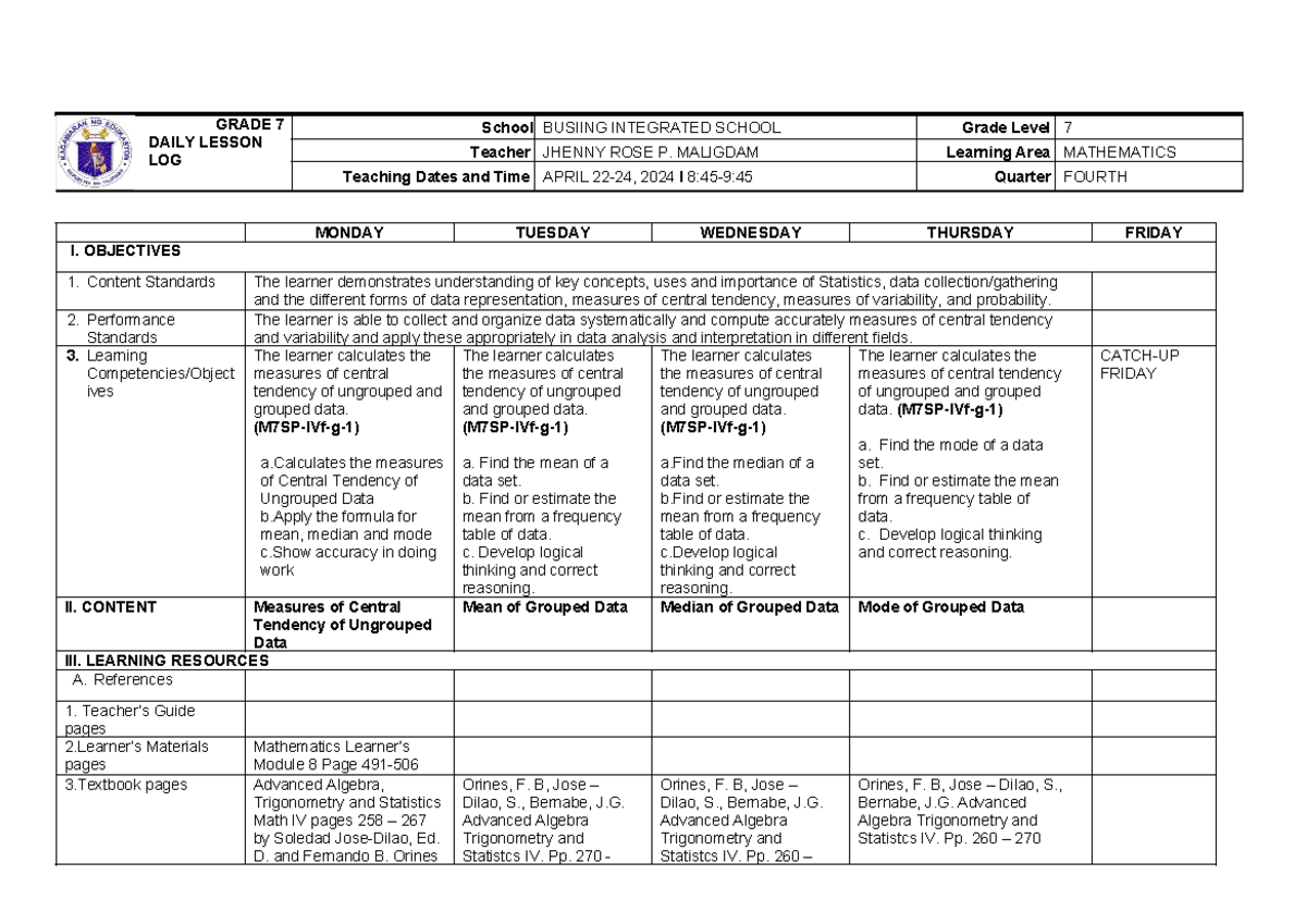 G7Q4DLL LC60 - Copy - math - GRADE 7 DAILY LESSON LOG School BUSIING ...