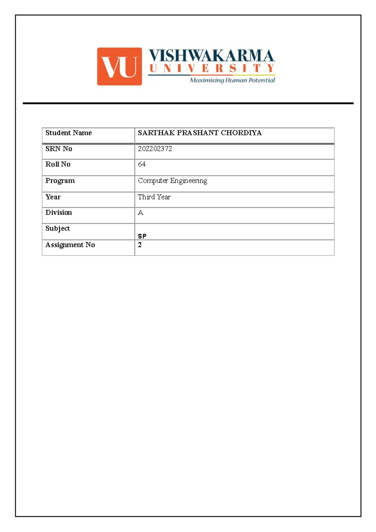 Assignment - 2 - assign of sp - Student Name SARTHAK PRASHANT CHORDIYA ...