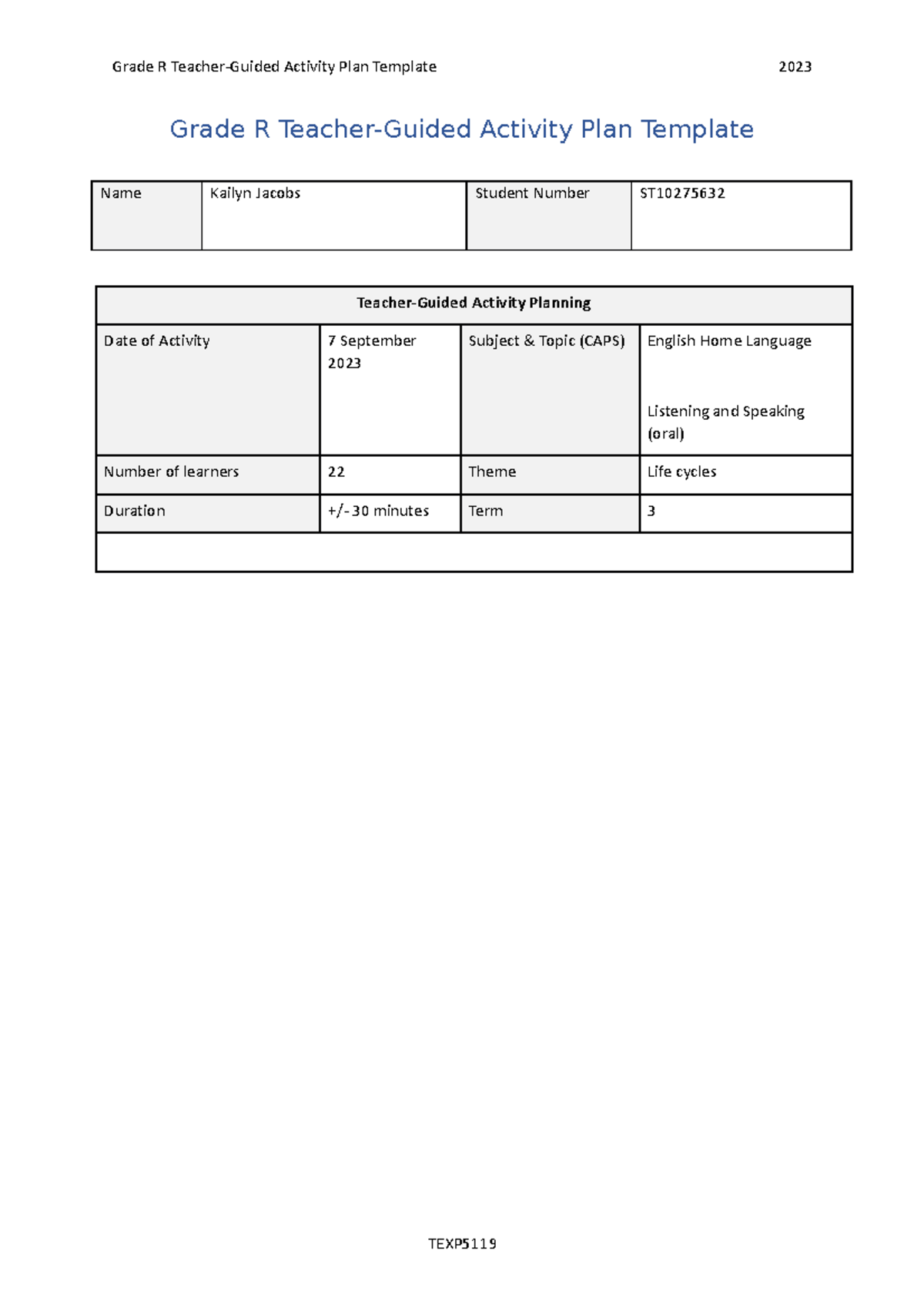 TOLD Story Tmeplate - Grade R Teacher-Guided Activity Plan Template ...