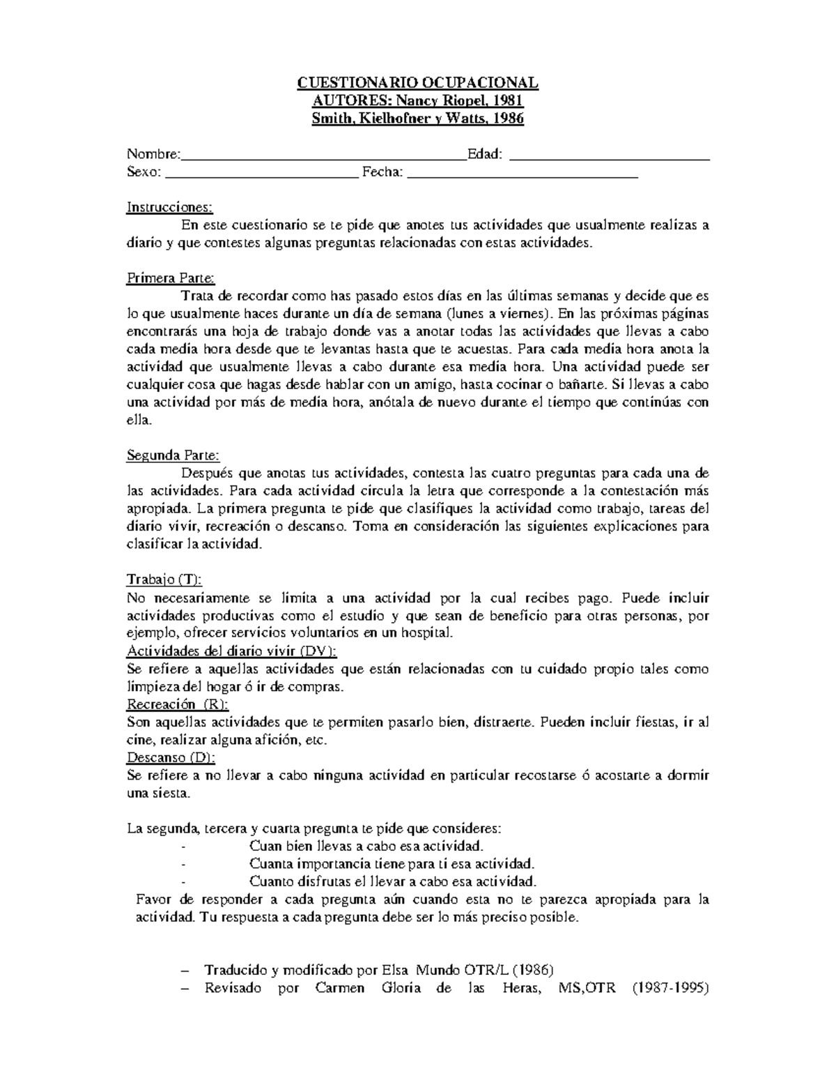 Pauta de evaluación MOHO Cuestionario Ocupacional OQ - CUESTIONARIO ...
