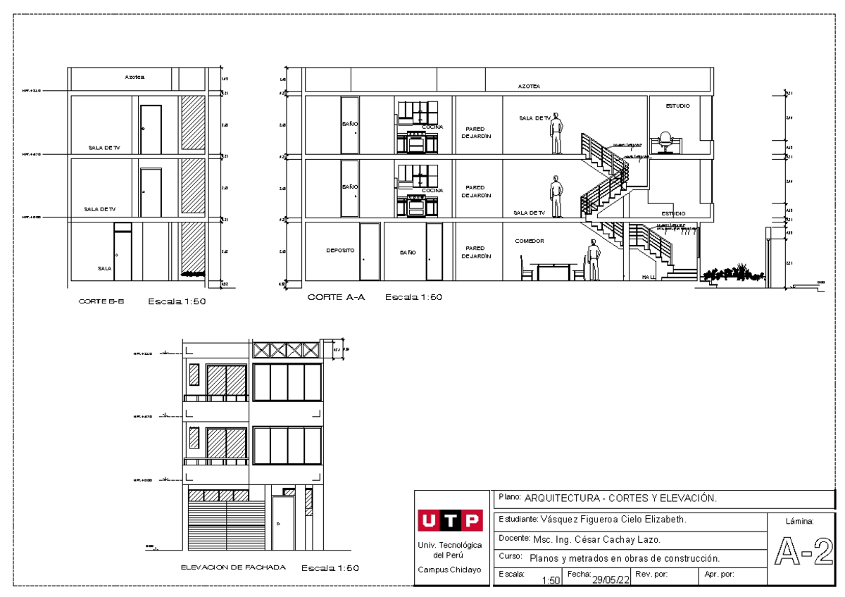 Plano DE Arquitectura - Cortes - CORTE A-A ELEVACION DE FACHADA 0. 0 ...