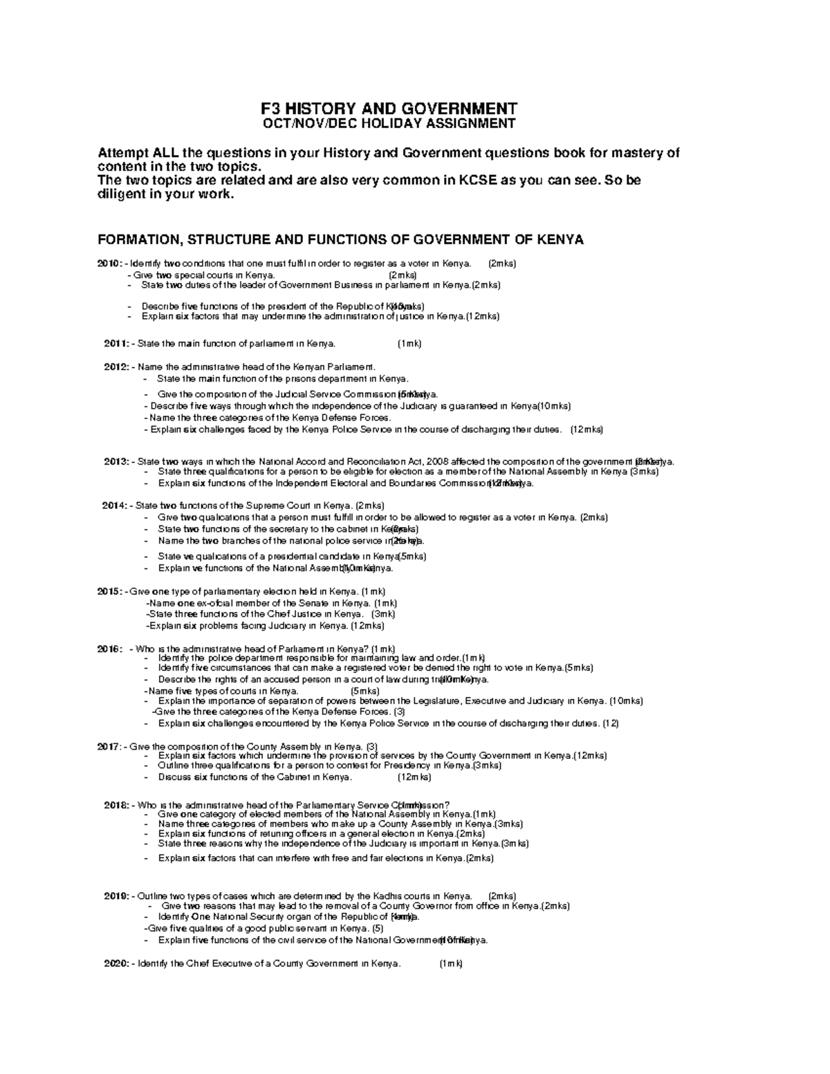 2 GOVT Topics Assignments - Form 3 - History - F3 HISTORY AND ...