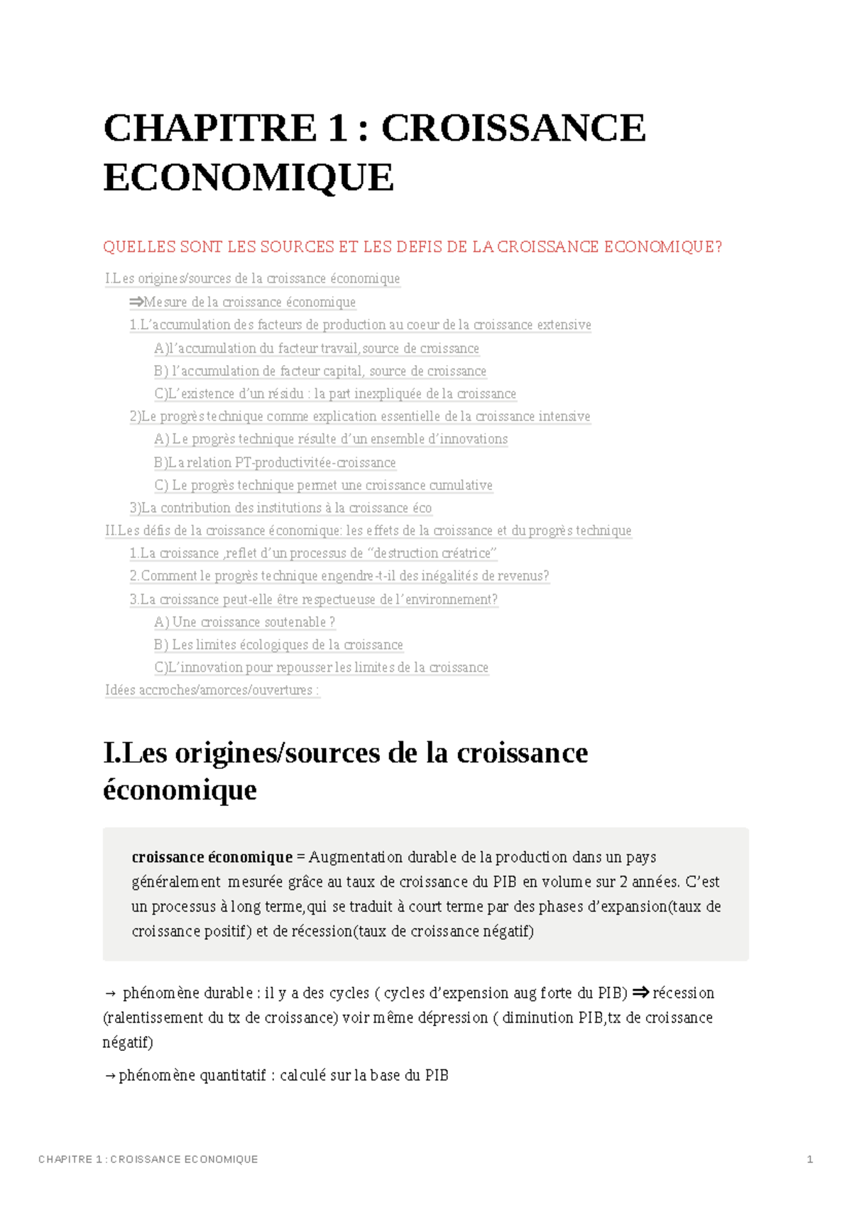 Chapitre 1 Croissance Economique - CHAPITRE 1 : CROISSANCE ECONOMIQUE QUELLES SONT LES SOURCES ...