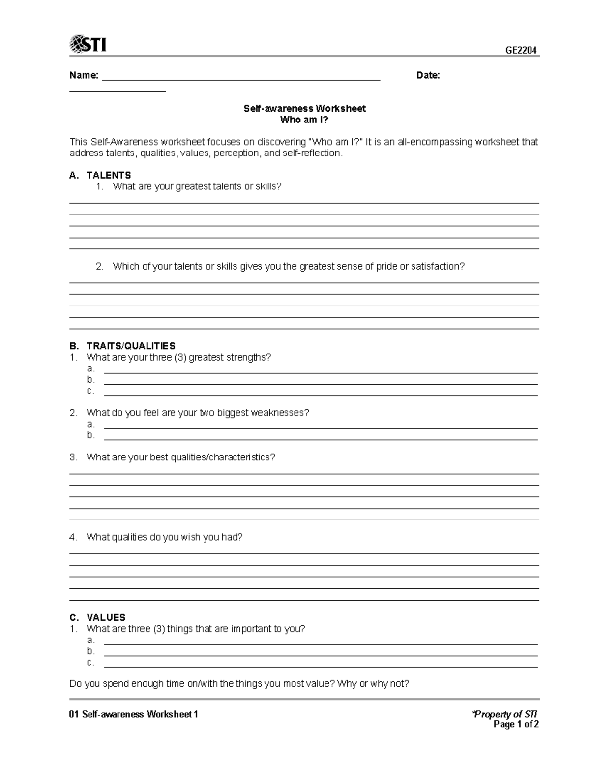 01 Self-awareness Worksheet 1 - GE Name