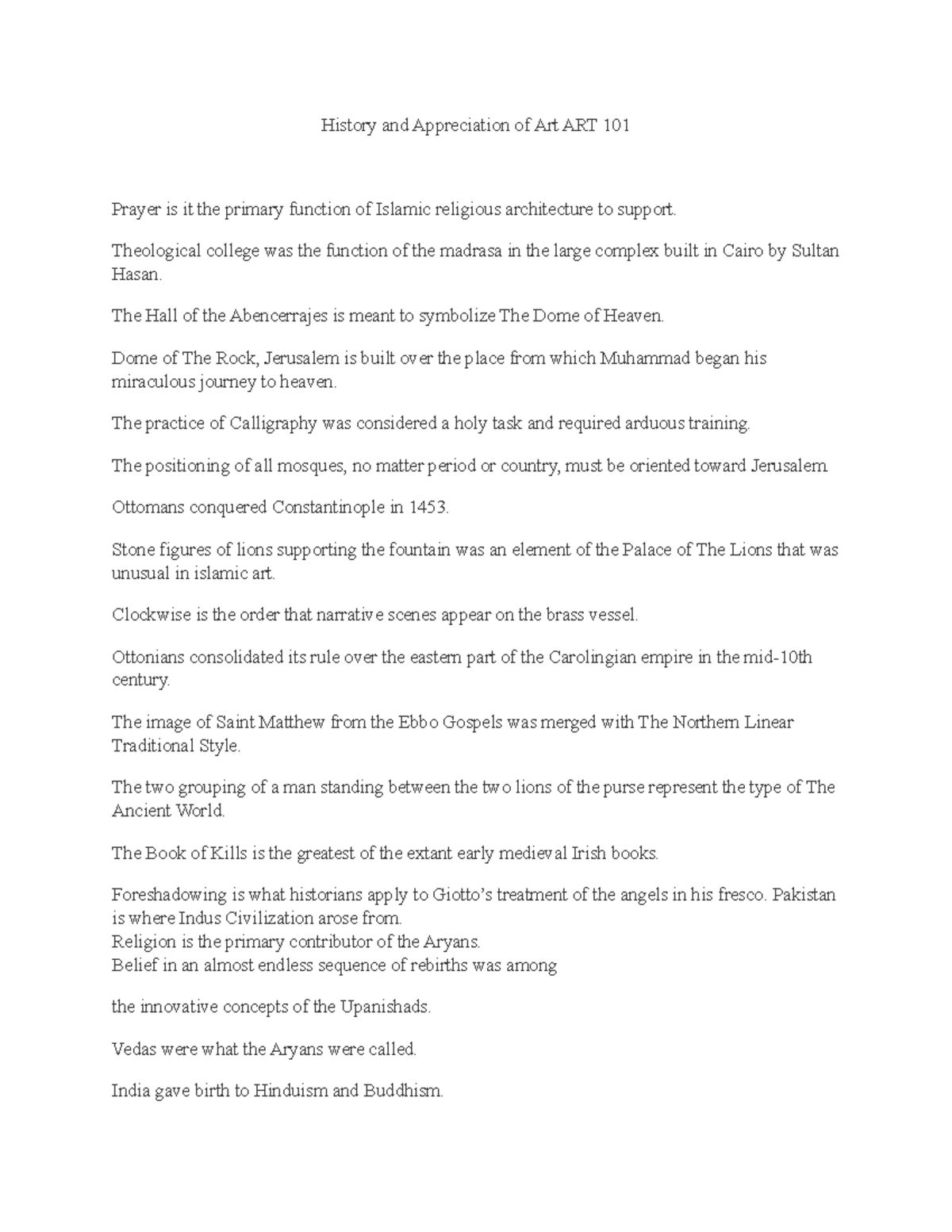 ART-HIS ART 101 Final Exam Notes - History and Appreciation of Art ART ...