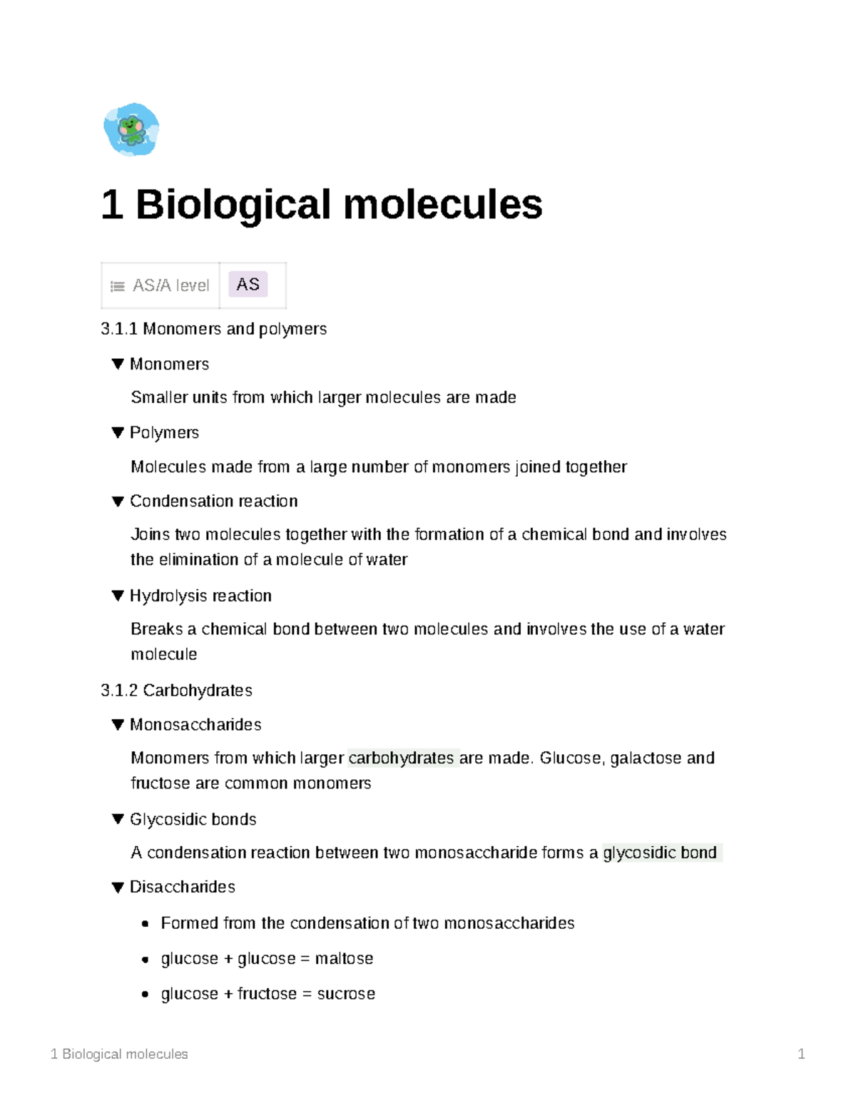 1-Biological molecules - 1 Biological molecules AS/A level AS 3.1 ...