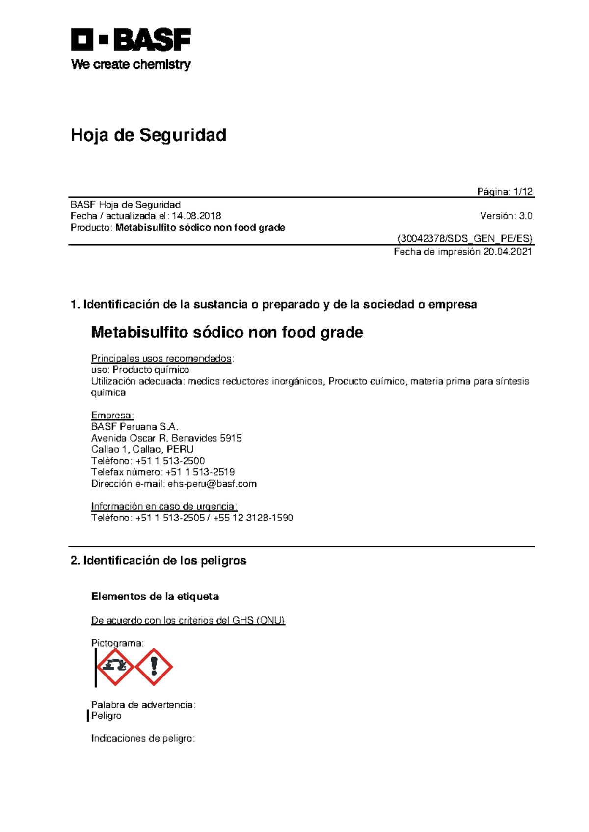MSDS Metabisulfito de Sodio grado tecnico - Hoja de Seguridad Página: 1 ...