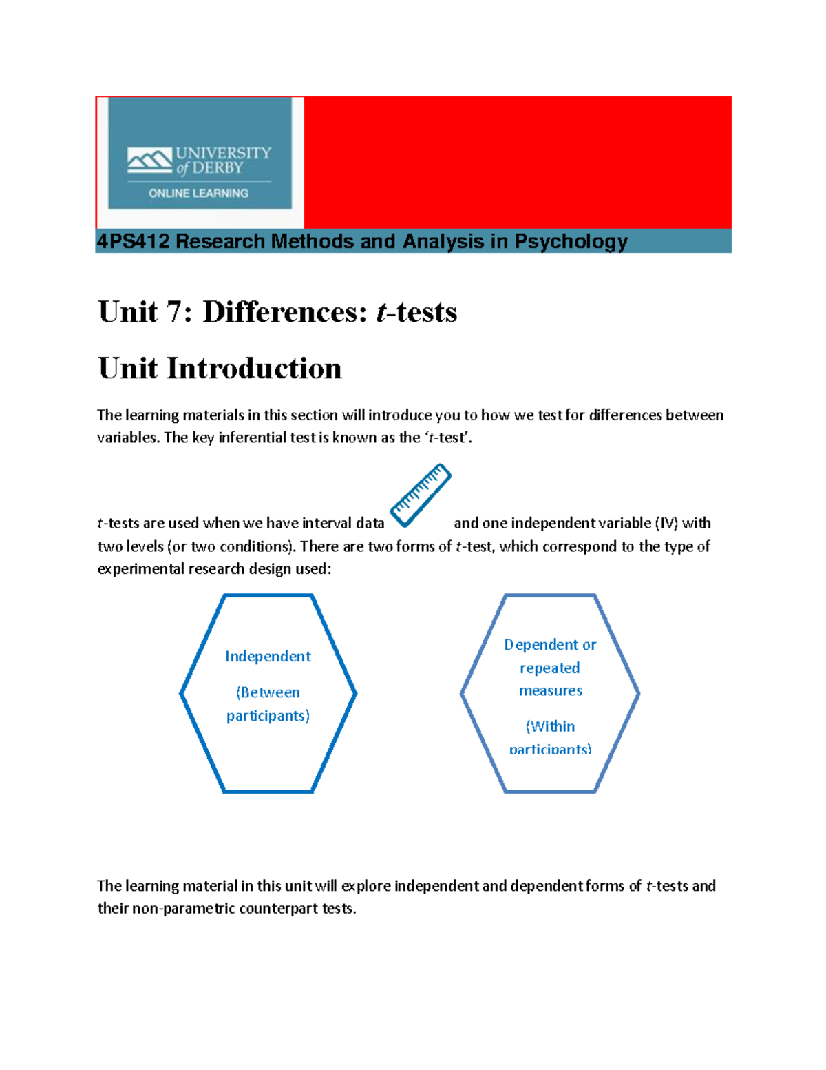 Unit 7 Differences - 4PS412 Research Methods and Analysis in Psychology ...