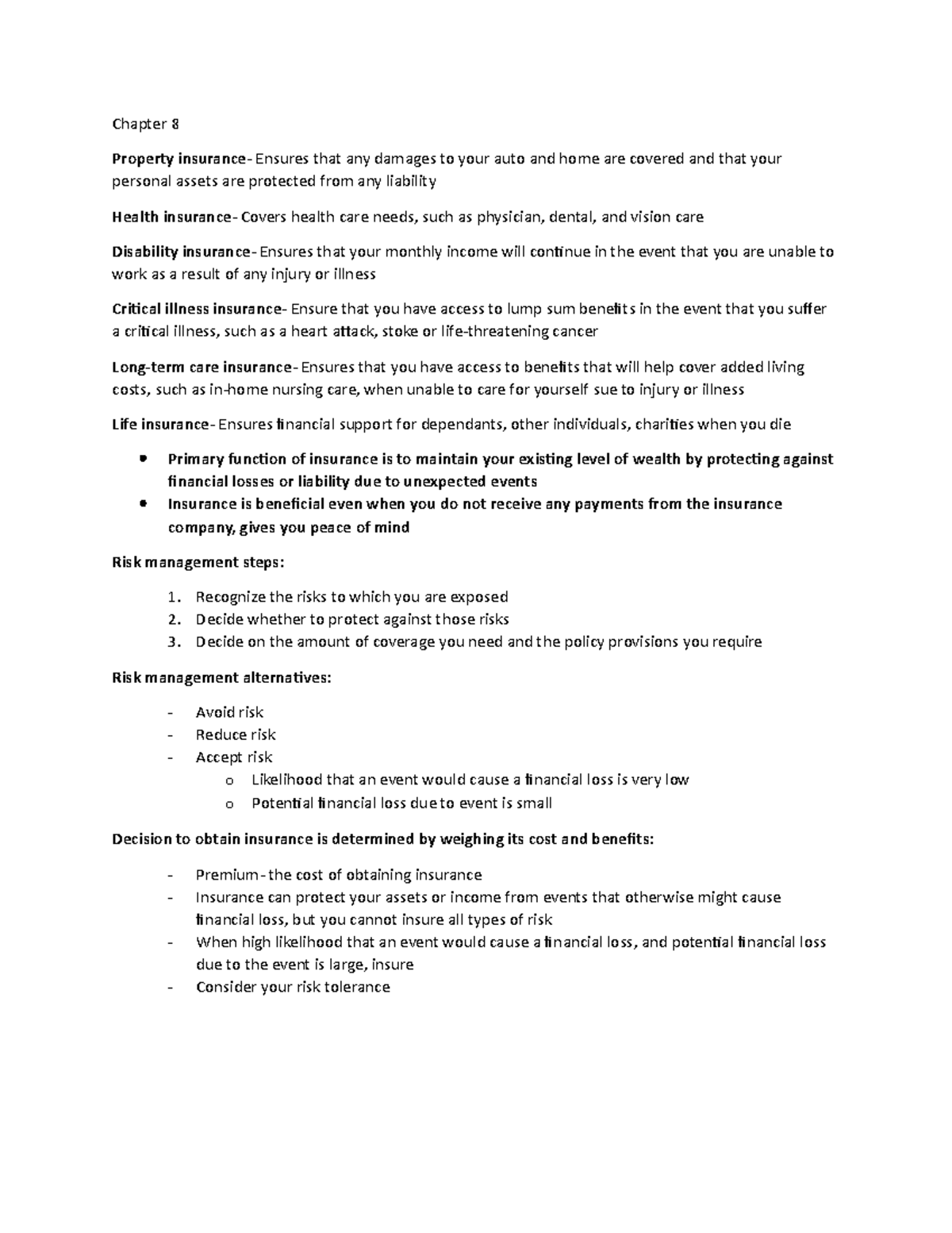 Finance chapter 8 - Lecture notes 8 - Chapter 8 Property insurance ...