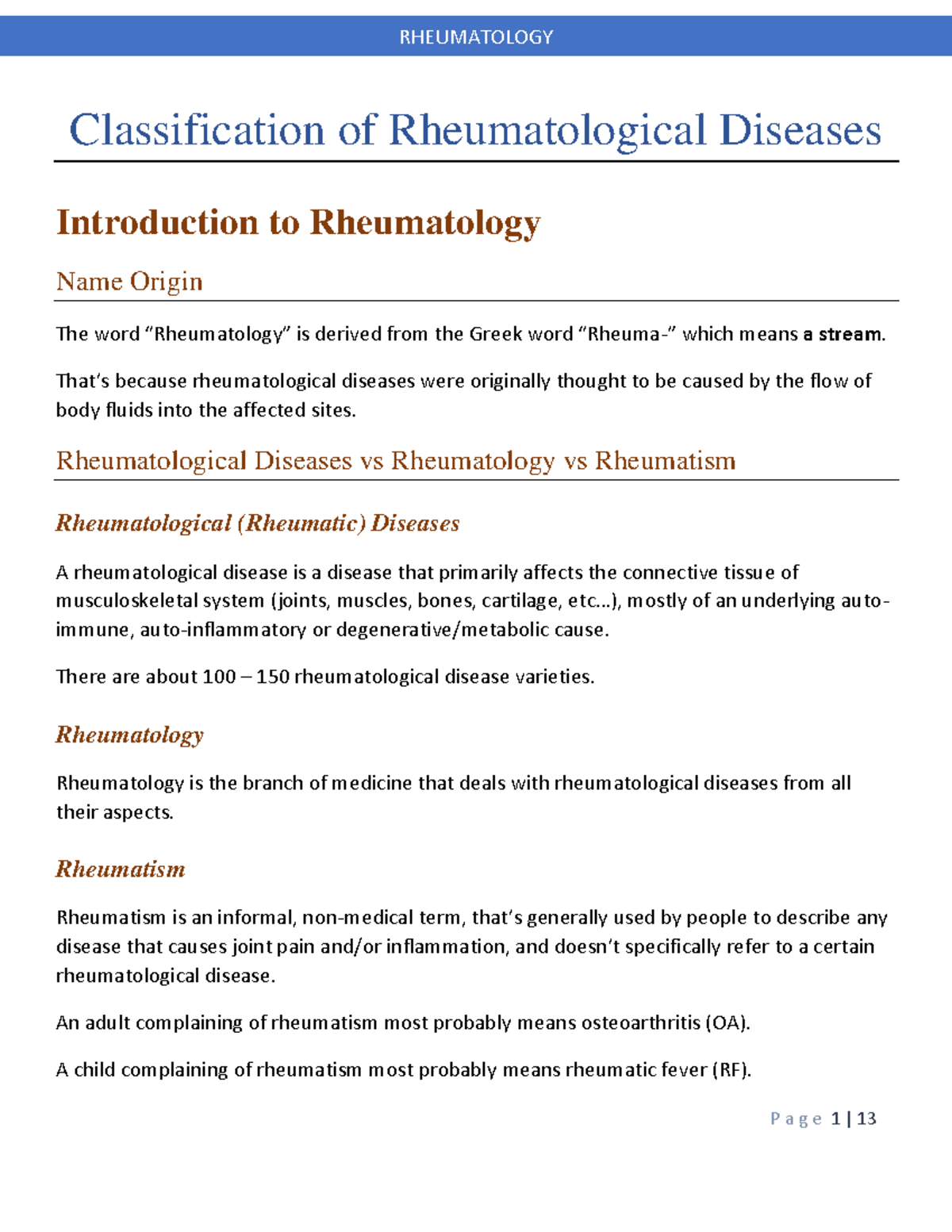 Class. of Rheumatological Diseases - Classification of Rheumatological ...