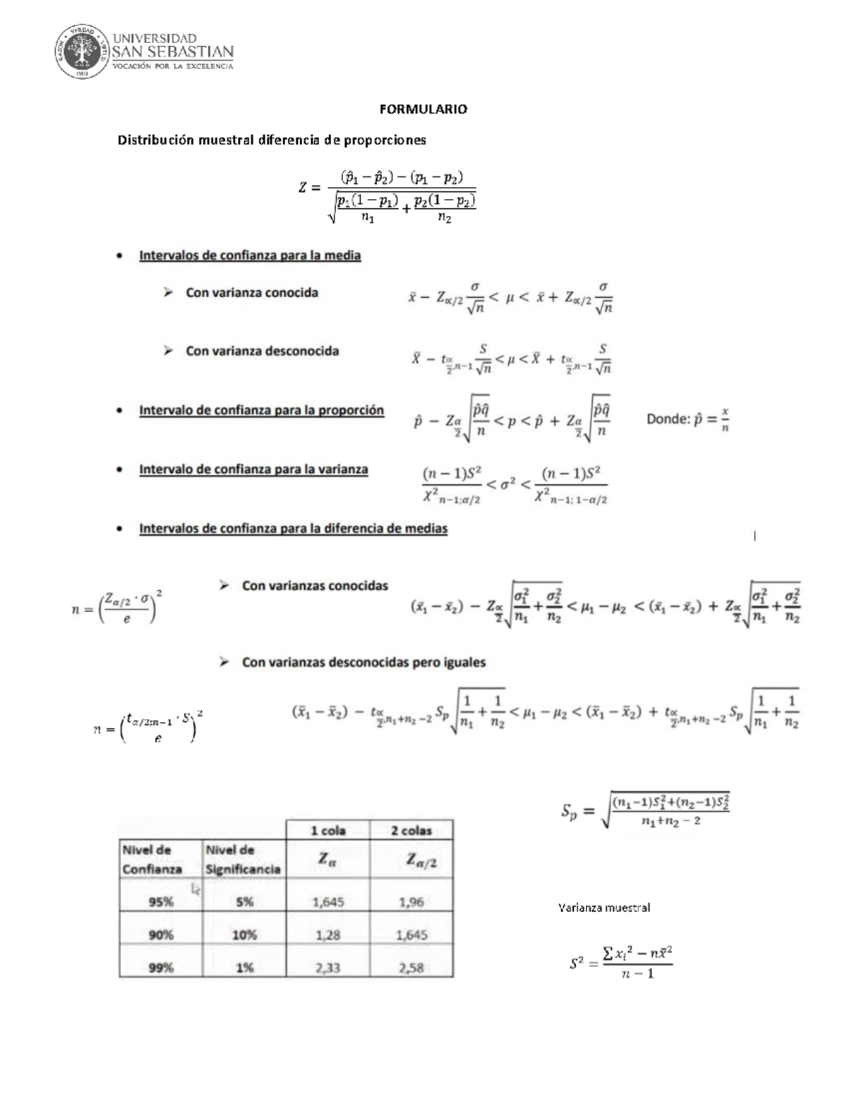 Formulario y Tabla Solemne 1 Est - Estadística I - FORMULARIO Distribución muestral diferencia ...