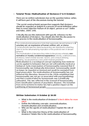 Tutorial 3 - medicalisation of deviance - Tutorial Three ...