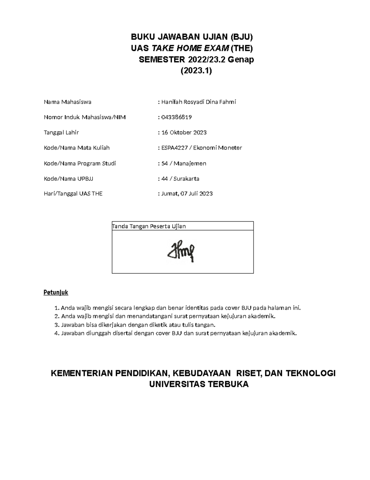 043386819 - ESPA4227 - Ekonomi Moneter - Tanda Tangan Peserta Ujian BUKU JAWABAN UJIAN (BJU) UAS ...