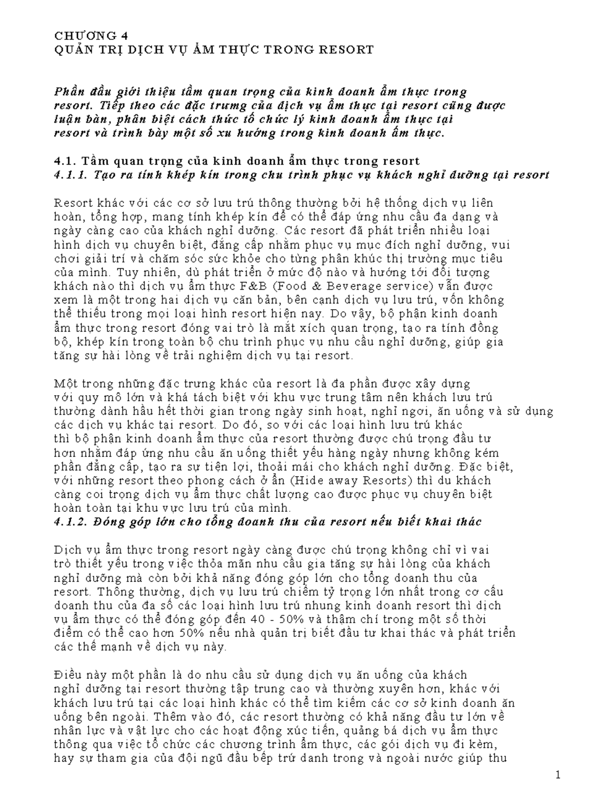 TÀI LIỆU QUẢN TRỊ KHU NGHỈ DƯỠNG - PHẦN - C HƯ Ơ N G 4 Q U Ả N T R Ị D Ị C H V Ụ Ẩ M T HỰ C TR ...