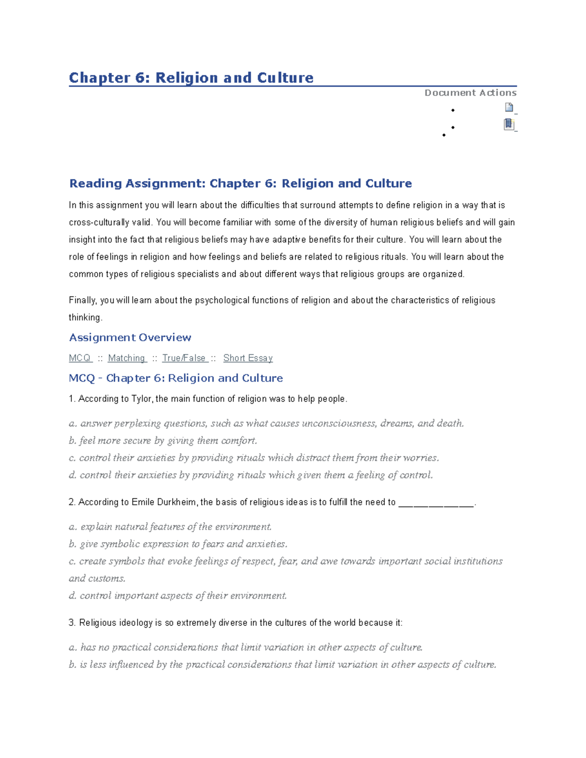 Chapter 6 - Lecture notes 6 - Chapter 6: Religion and Culture Document ...