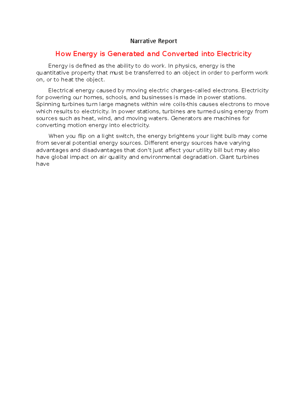 Narrative Report - assignment - Narrative Report How Energy is ...