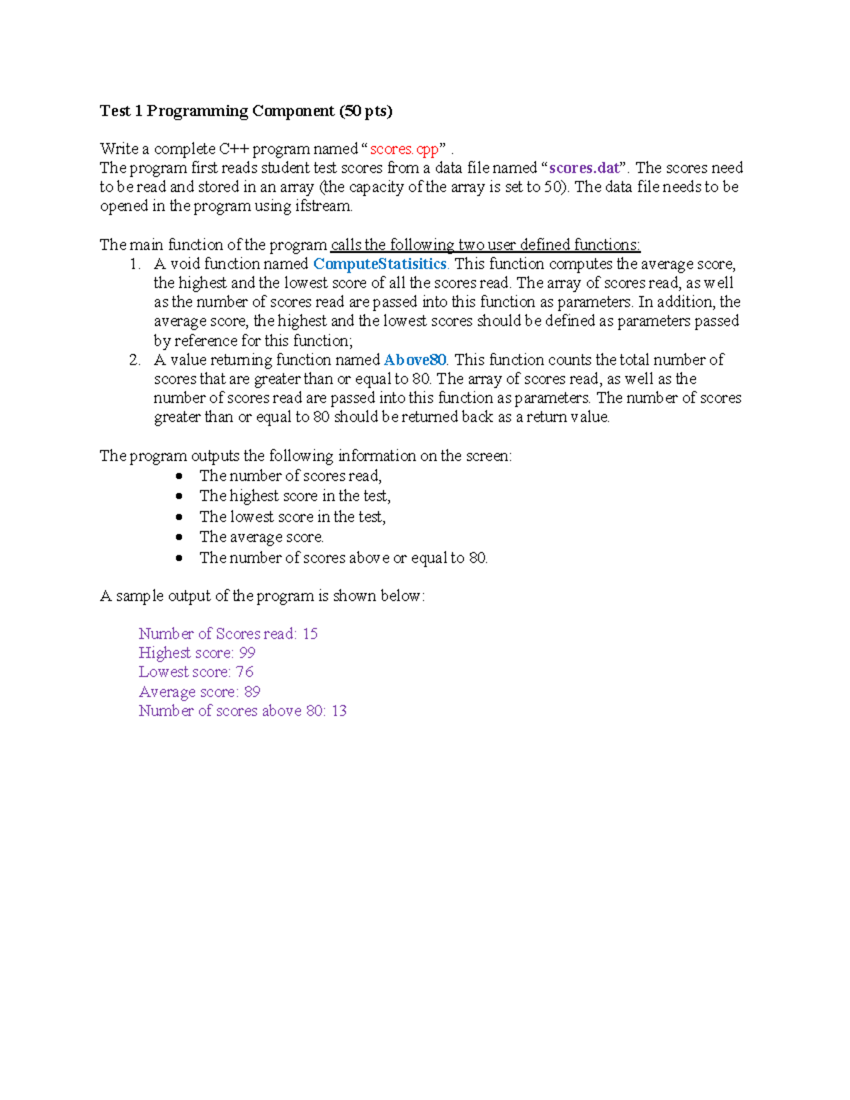 Test1Program - Notes - Test 1 Programming Component ( 50 pts) Write a ...