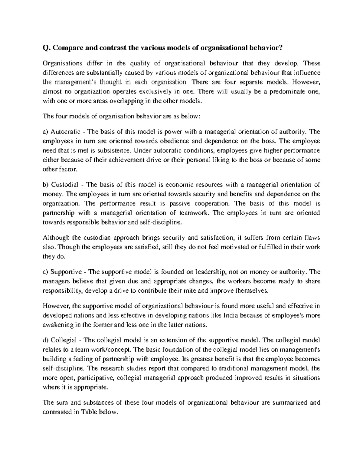 Compare and contrast the various models of organisational behavior - Q ...