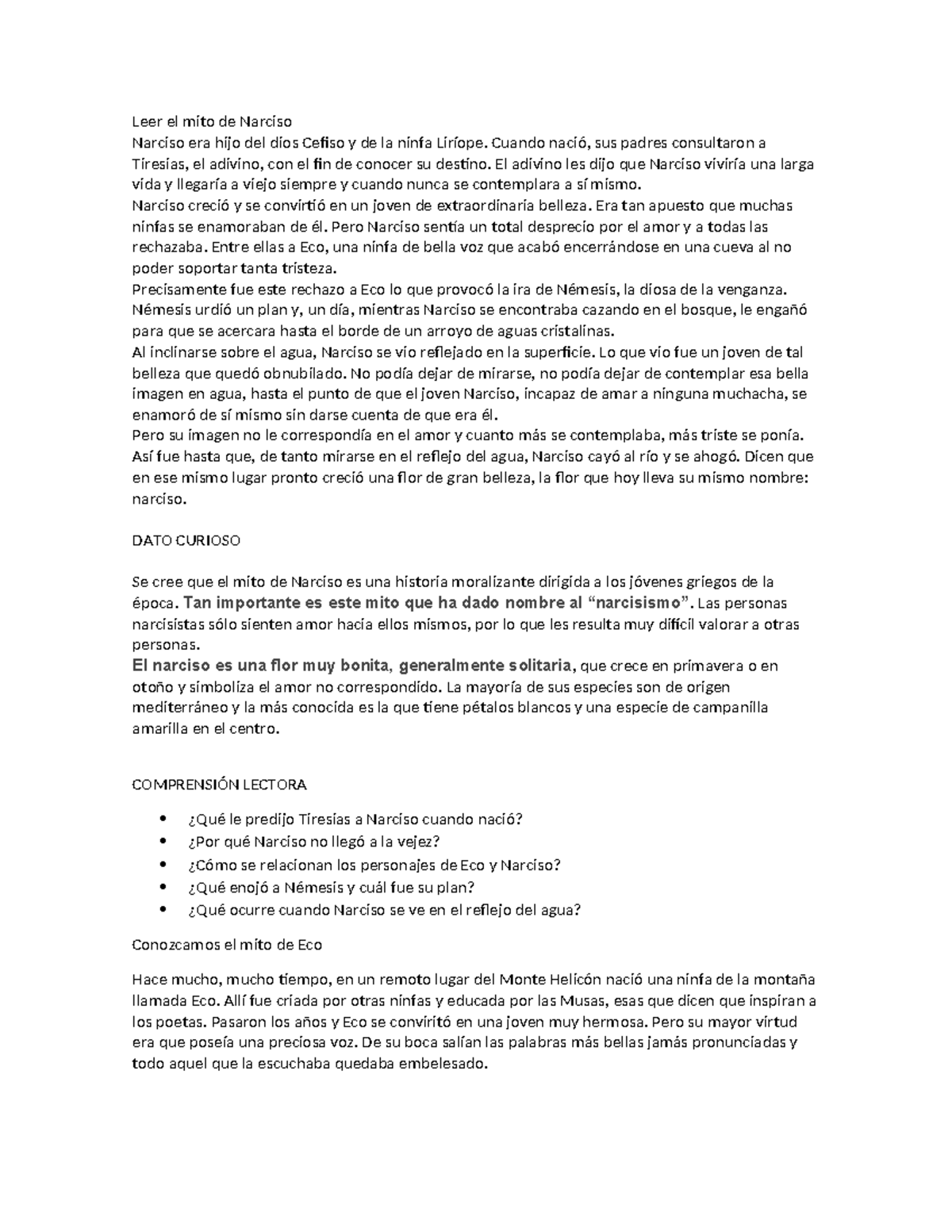 Actividades con mitos de Narciso y Eco - Leer el mito de Narciso ...