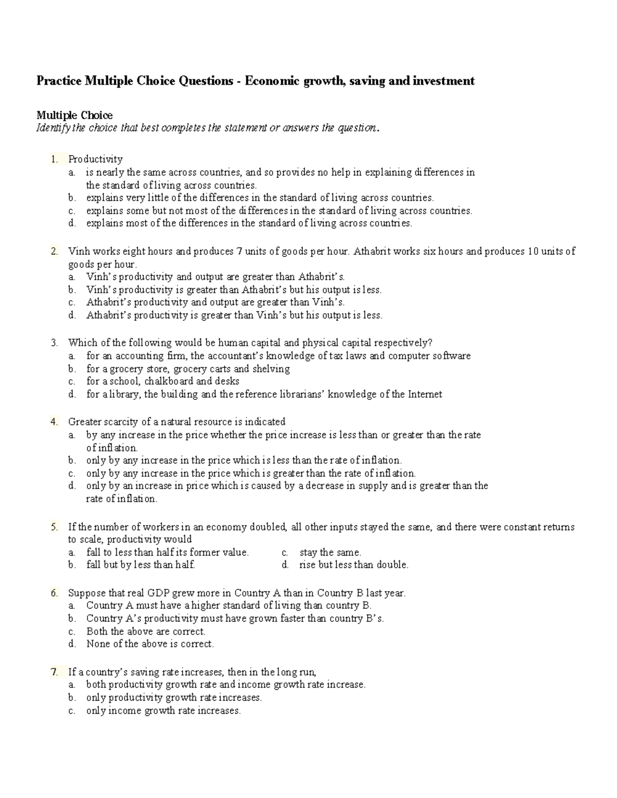 Practice MCQs - Economic growth saving and investment - Practice ...