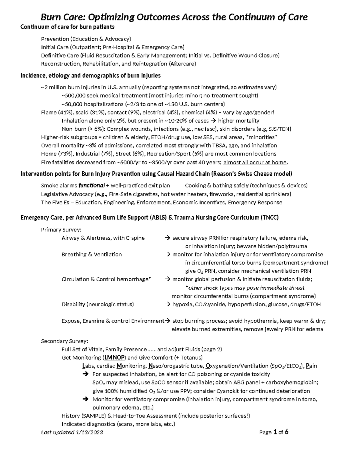 Burn Care learning outline - (1 13 23) - Continuum of care for burn ...