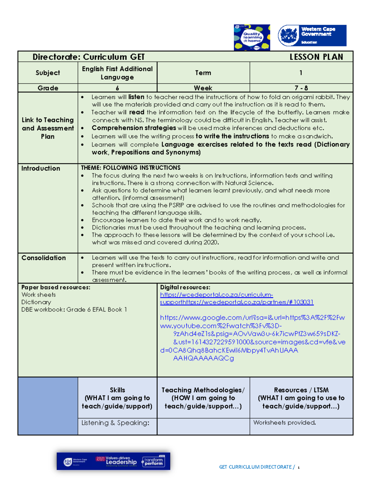 Eng FAL Gr - Summary of the modules - Directorate: Curriculum GET LESSON PLAN Subject English ...