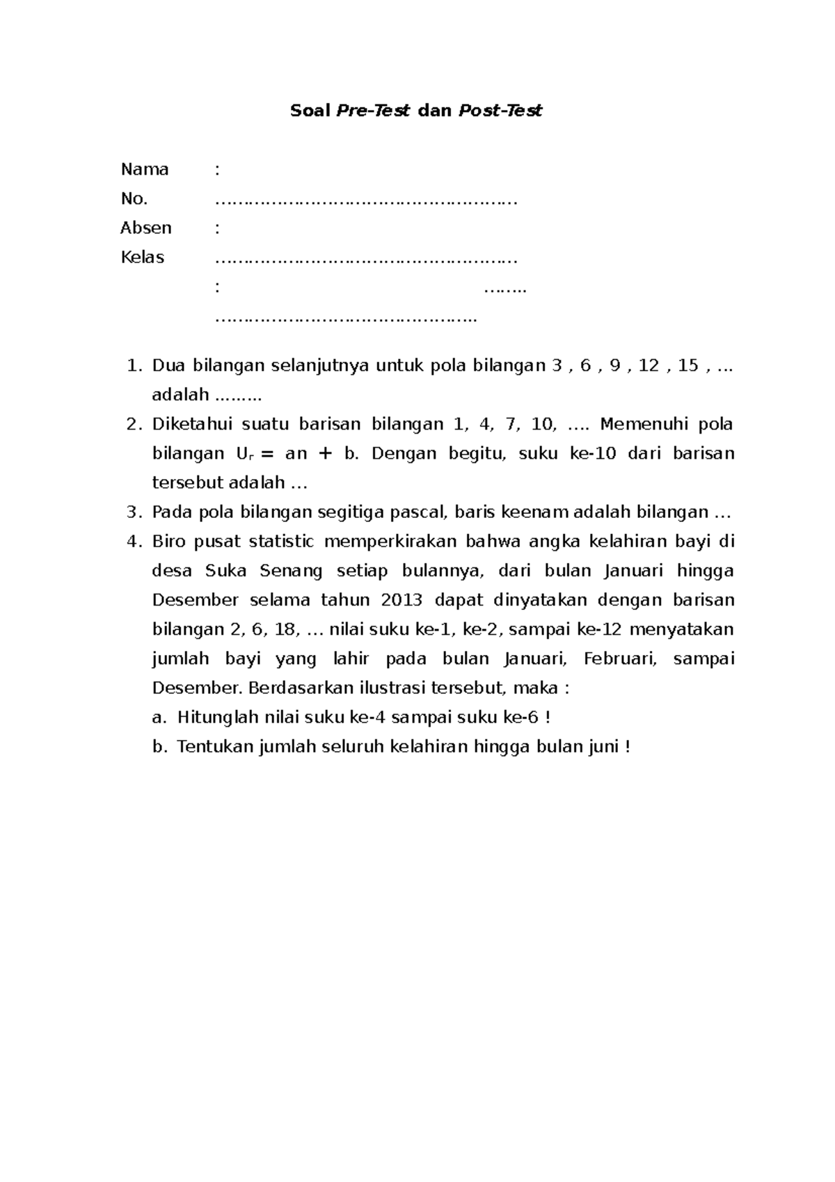 Soal Pre Tes - soal mathematika - Soal Pre-Test dan Post-Test Nama No ...